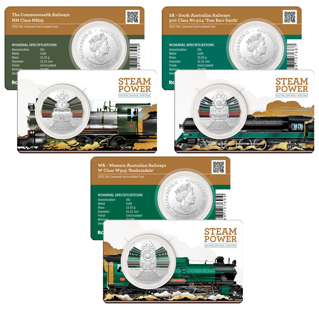 2022 50c Coloured Coin - Australian Steam Trains - Set of 3 - NM25, SA No.504, WA W945 – My ...