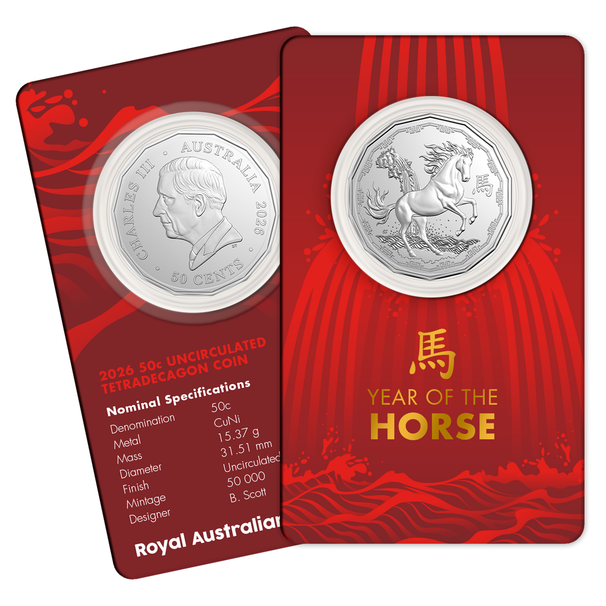Royal Australian Mint 2026 50c UNC Tetra Decagon Year of the Horse Coi ...
