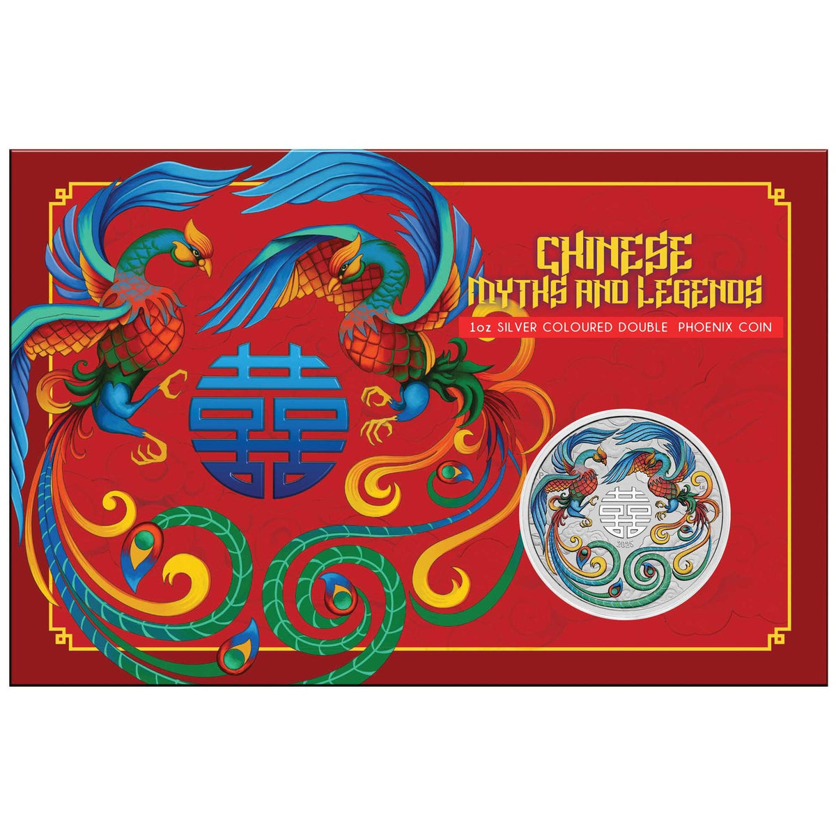 Perth Mint Chinese Myths and Legends 1 oz Silver Coloured Double Phoen ...