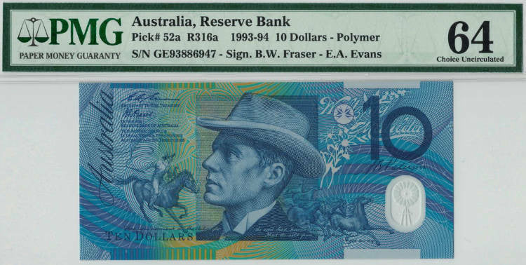 1993 General Prefix $10 Blue Dobell R316a Fraser - Evans PMG 64 Choice ...