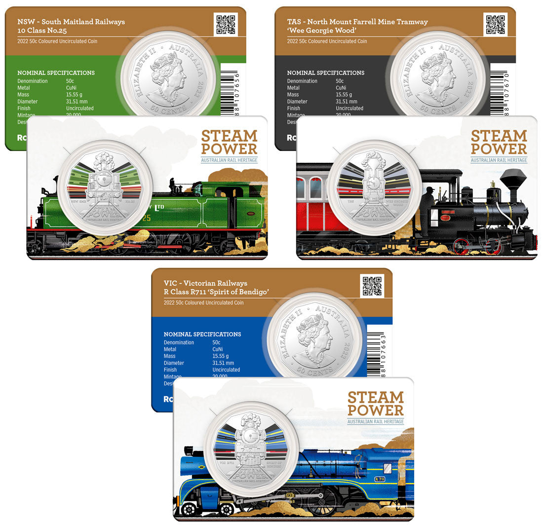 2022 50c Coloured Uncirculated Coin - Australian Steam Trains - Set of ...