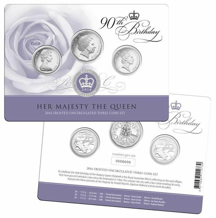 2016 Frosted Uncirculated Three Coin Set -90th Birthday of Her Majesty ...